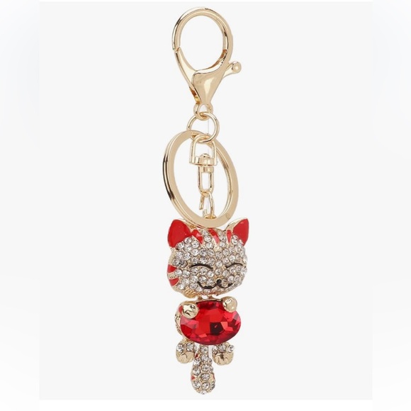 Accessories | Gold And Red Cat Keychain With Crystals | Poshmark